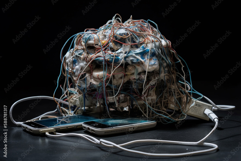Human brain connected to a mobile phone with wires, representing the ...