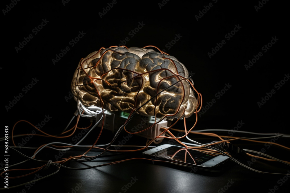 Human brain connected to a mobile phone with wires, representing the ...