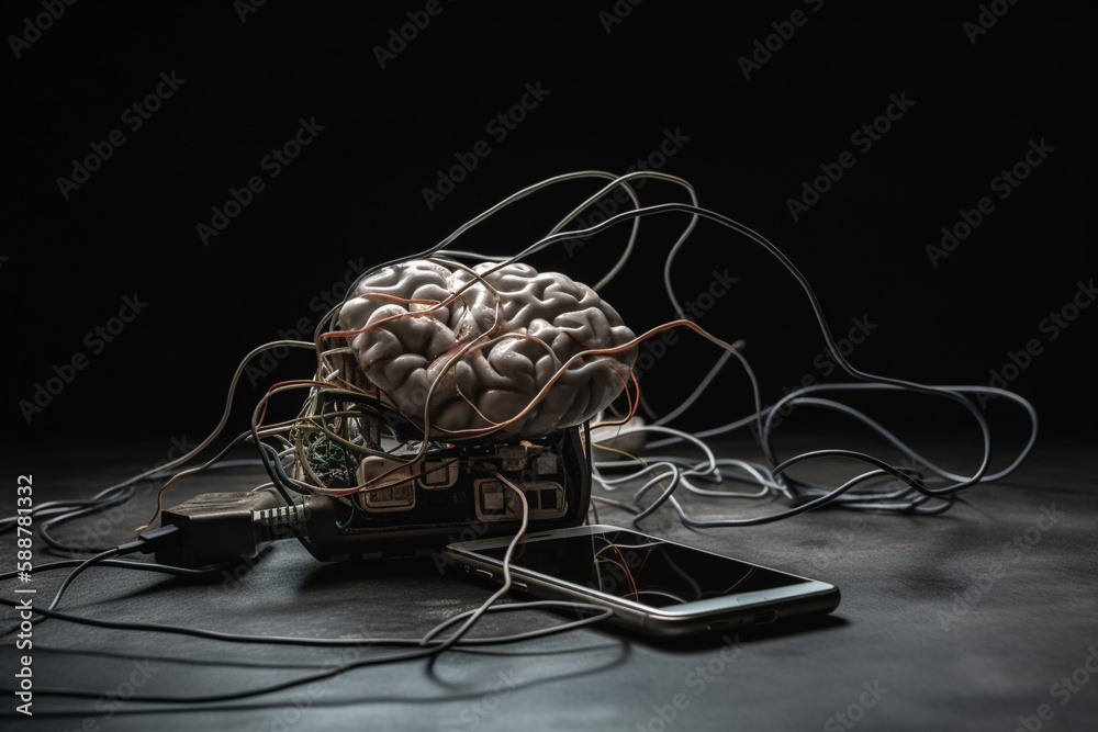 Human brain connected to a mobile phone with wires, representing the ...