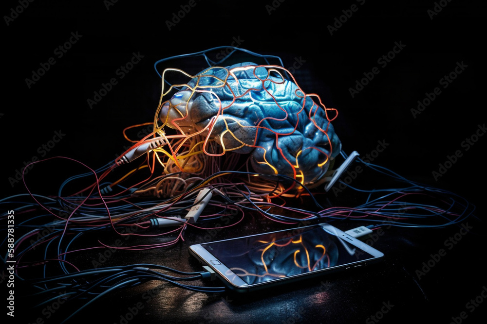 Stockillustratie Human brain connected to a mobile phone with wires ...