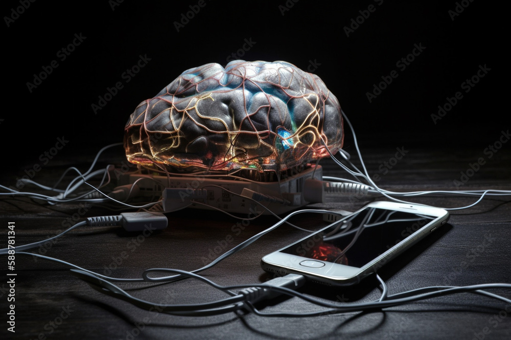 Human brain connected to a mobile phone with wires, representing the ...