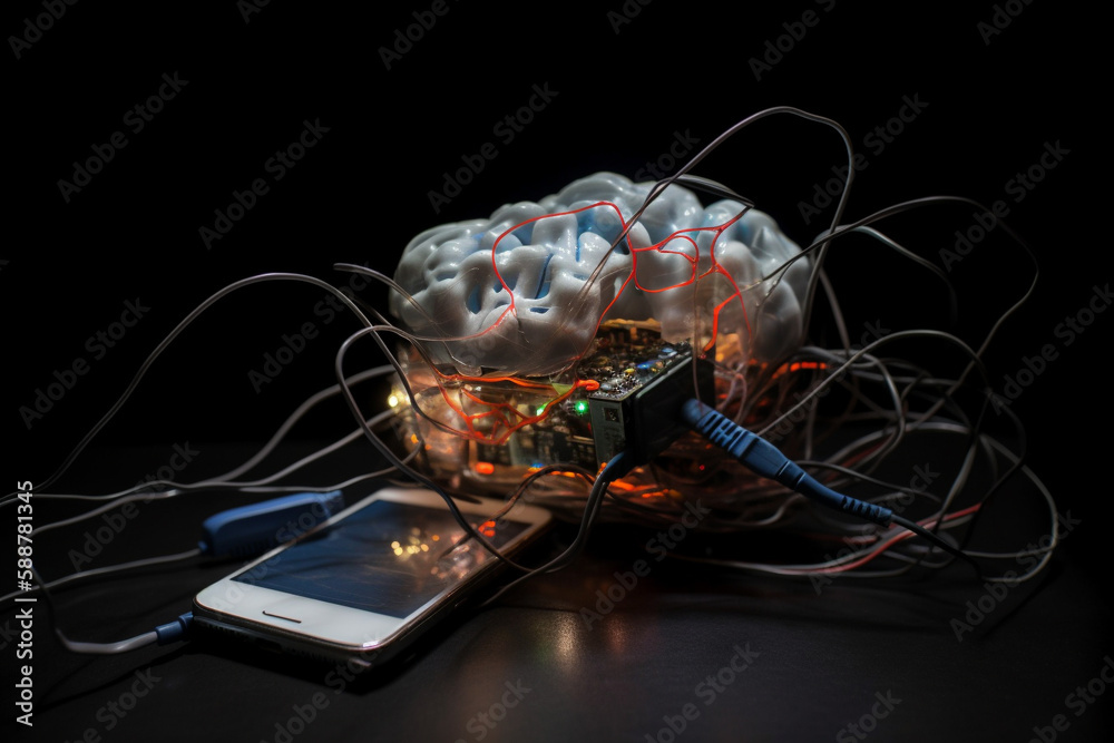 Human brain connected to a mobile phone with wires, representing the ...
