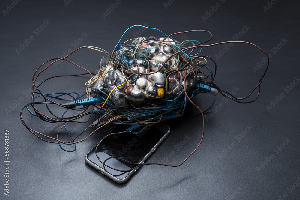 Human brain connected to a mobile phone with wires, representing the ...