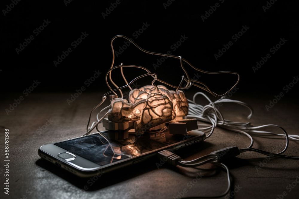 Human brain connected to a mobile phone with wires, representing the ...