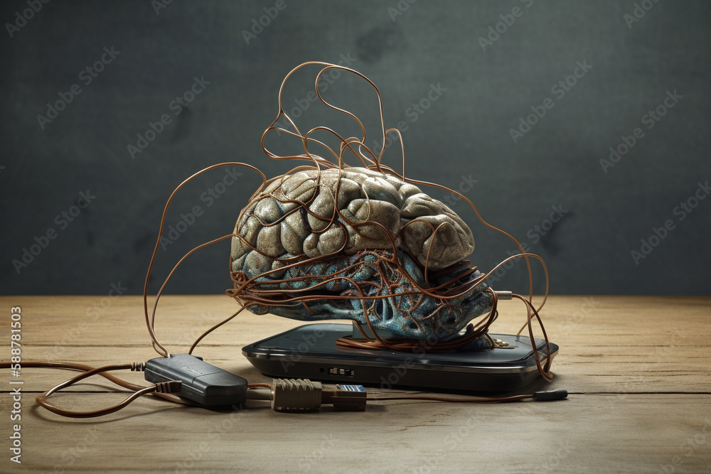 Human brain connected to a mobile phone with wires, representing the ...