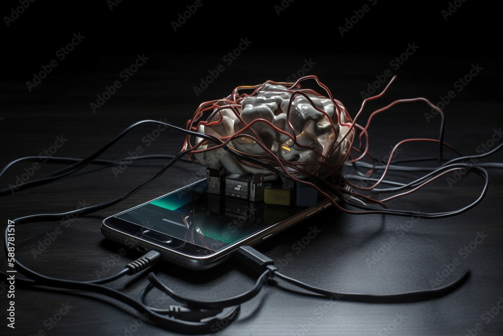 Human brain connected to a mobile phone with wires, representing the ...