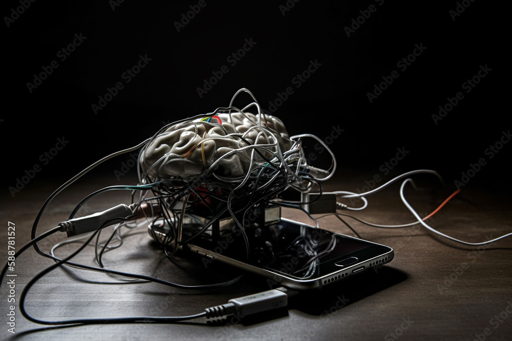 Human brain connected to a mobile phone with wires, representing the ...