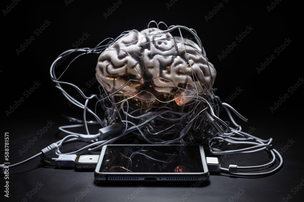 Human brain connected to a mobile phone with wires, representing the ...
