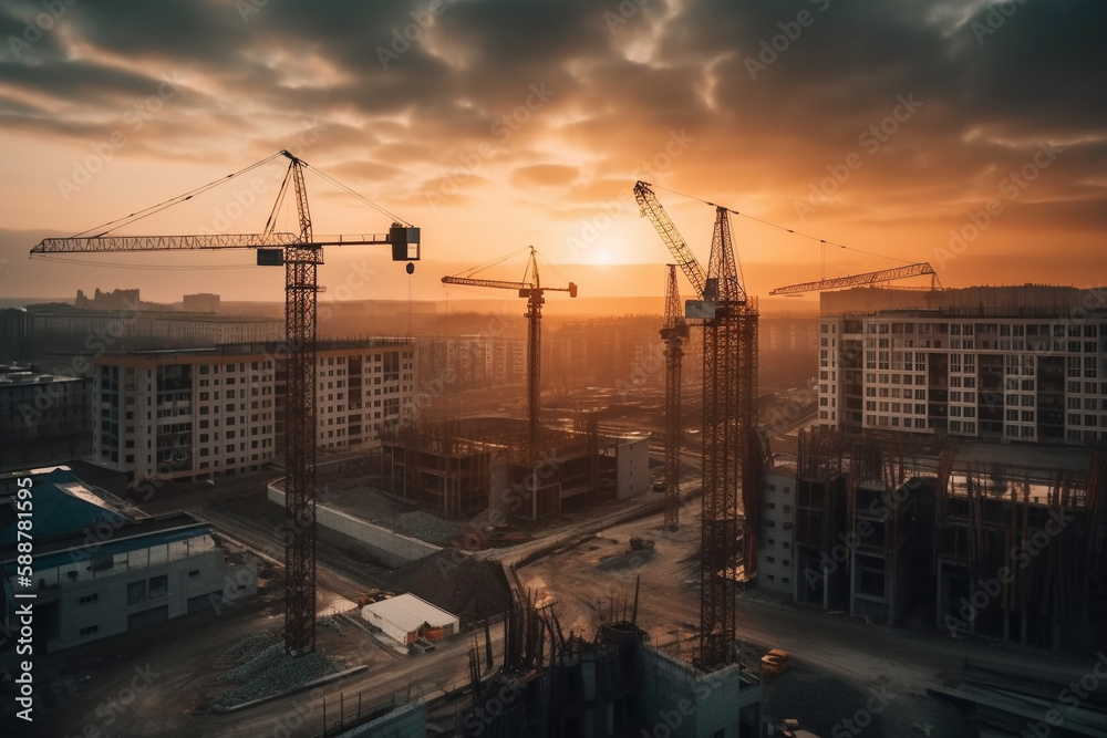 Construction site at sunset, showing towering buildings in various ...