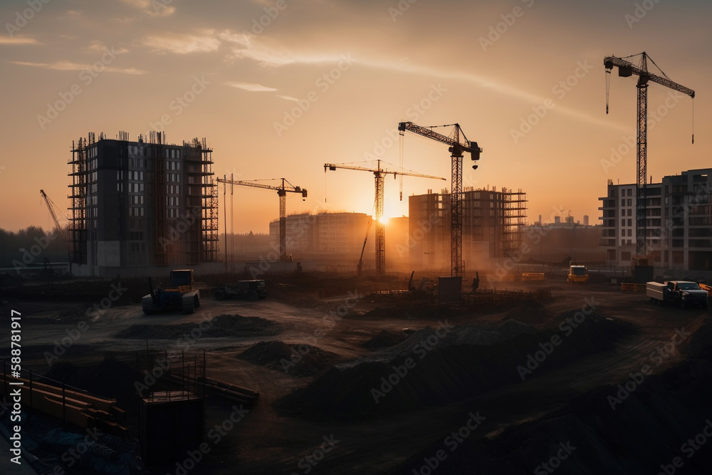 Construction site at sunset, showing towering buildings in various ...