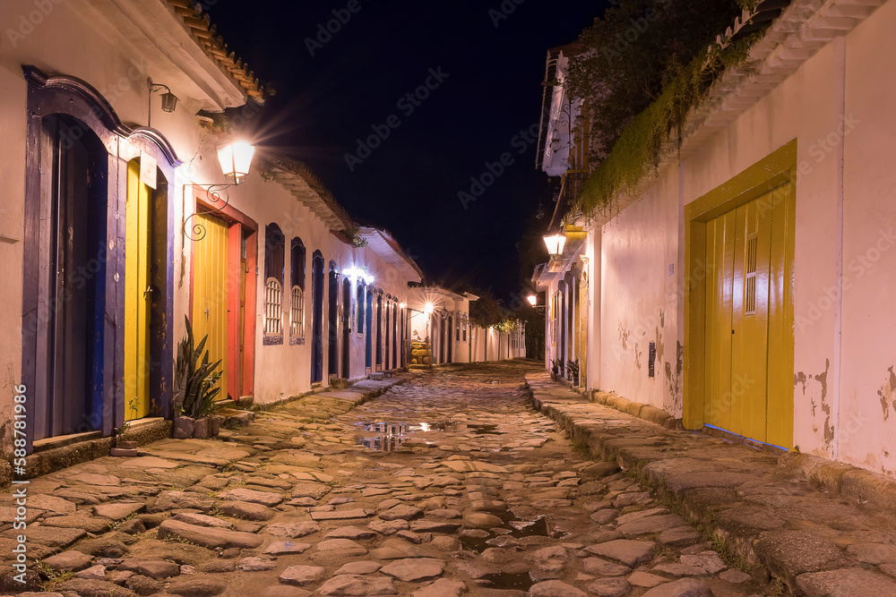 Paraty, Brazil. Street in historic downtown at night. Colonial period ...