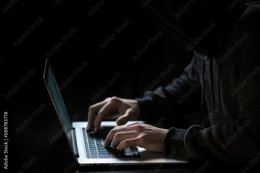 Attacker hacker man in black steals data from laptop in dark room ...