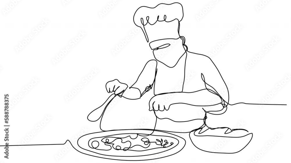 Self-drawing of a chef preparing a dish with one line. The concept of ...