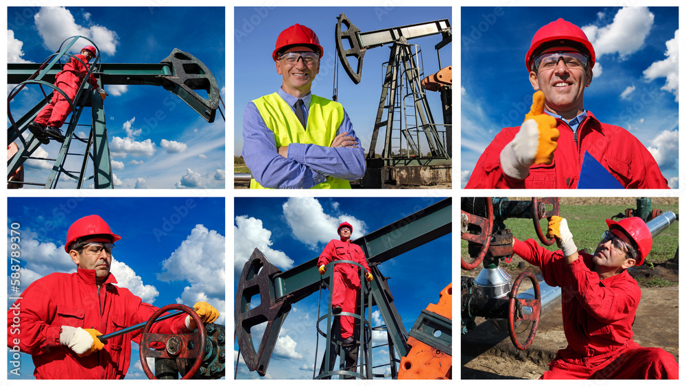 Oil Pumpjacks and Oil Workers - Photo Collage. Extraction of Petroleum ...