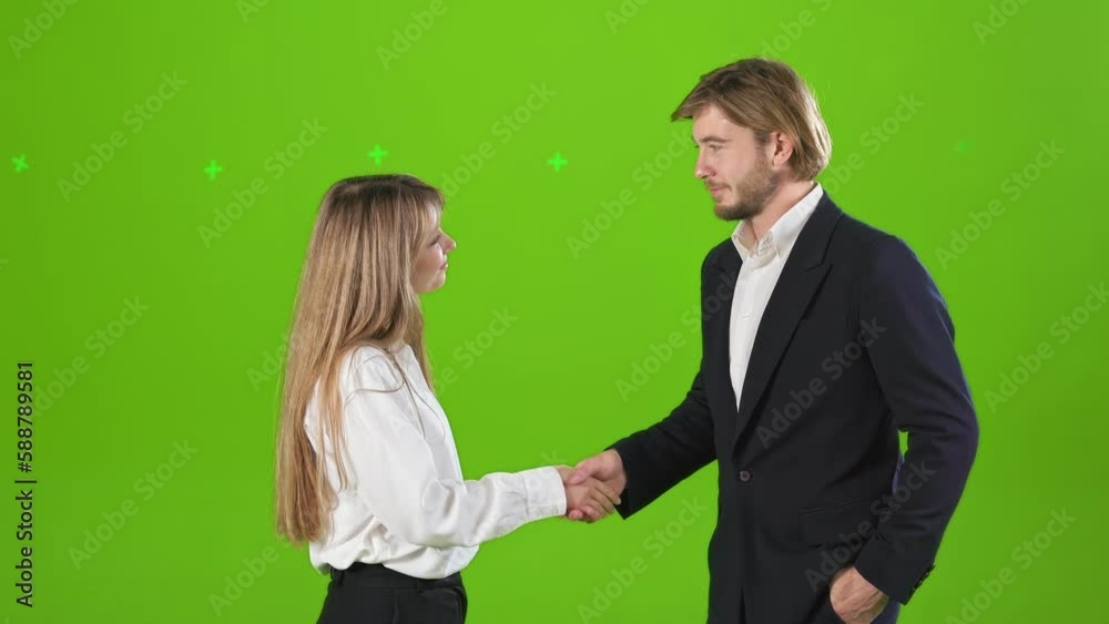 Side view of business partners greeting each other, shaking hands. Pretty woman and handsome man ...