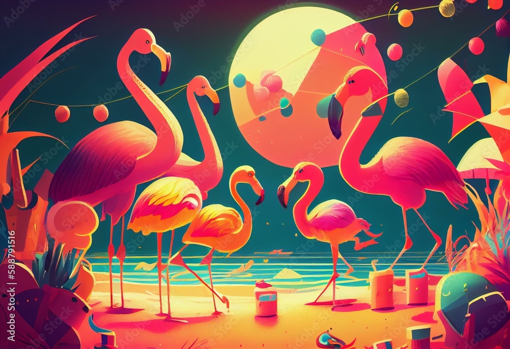 Flamingo Beach Party illustration: A Beach Scene with Flamingos Wearing ...