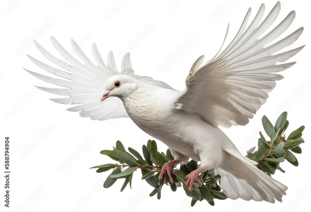 Realistic Flying White Dove with Olive Branch on Transparent Background, AI Generative ...