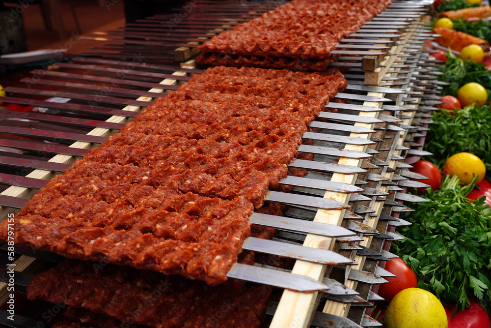 Traditional Turkish Adana Kebab or Kebap meat texture background with ...
