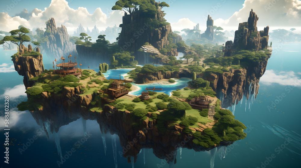 a fantasy landscape that features floating islands that are held up by ...