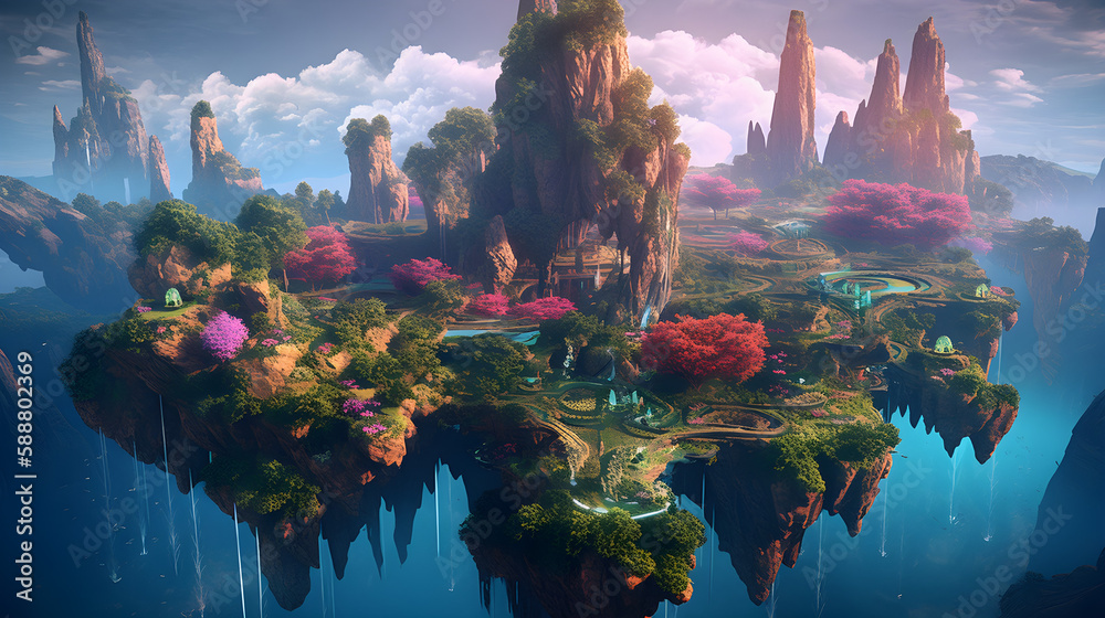 Ilustrace „a fantasy landscape that features floating islands that are ...