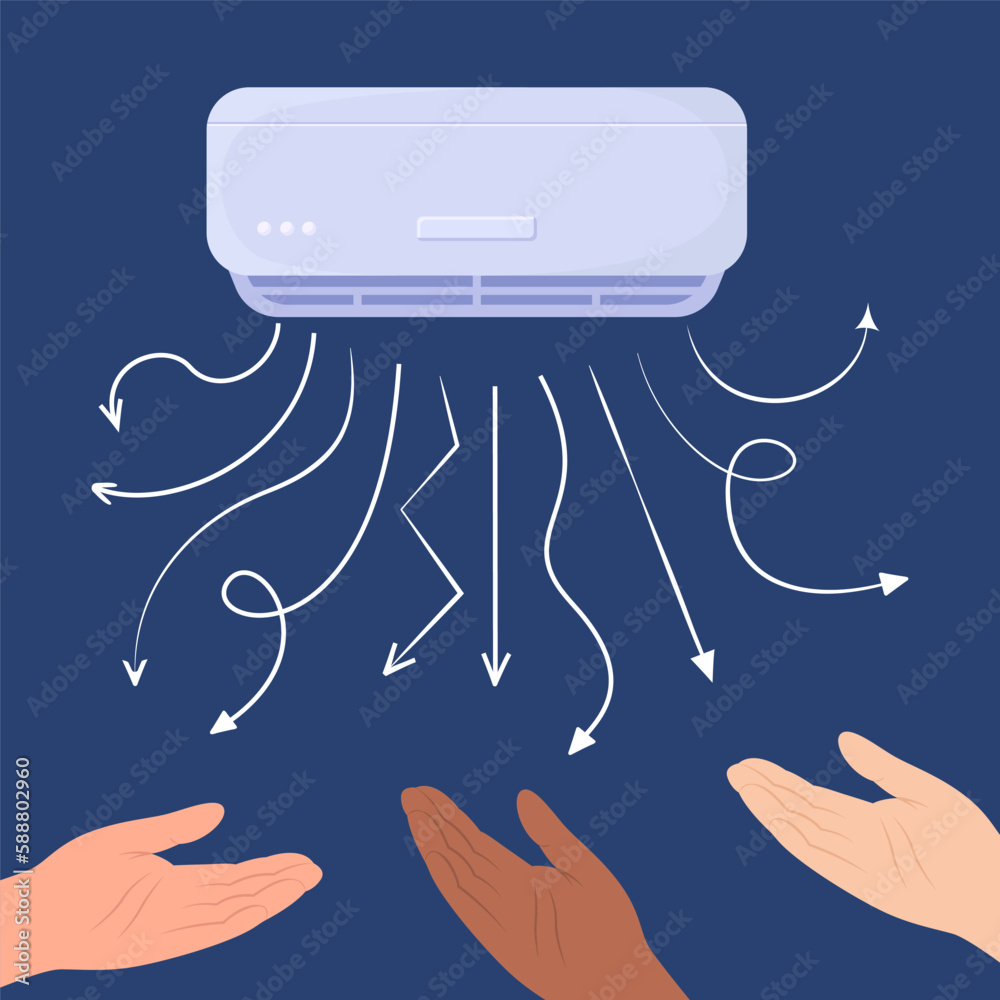 Different styles of air conditioning vector illustration. Hands feeling ...