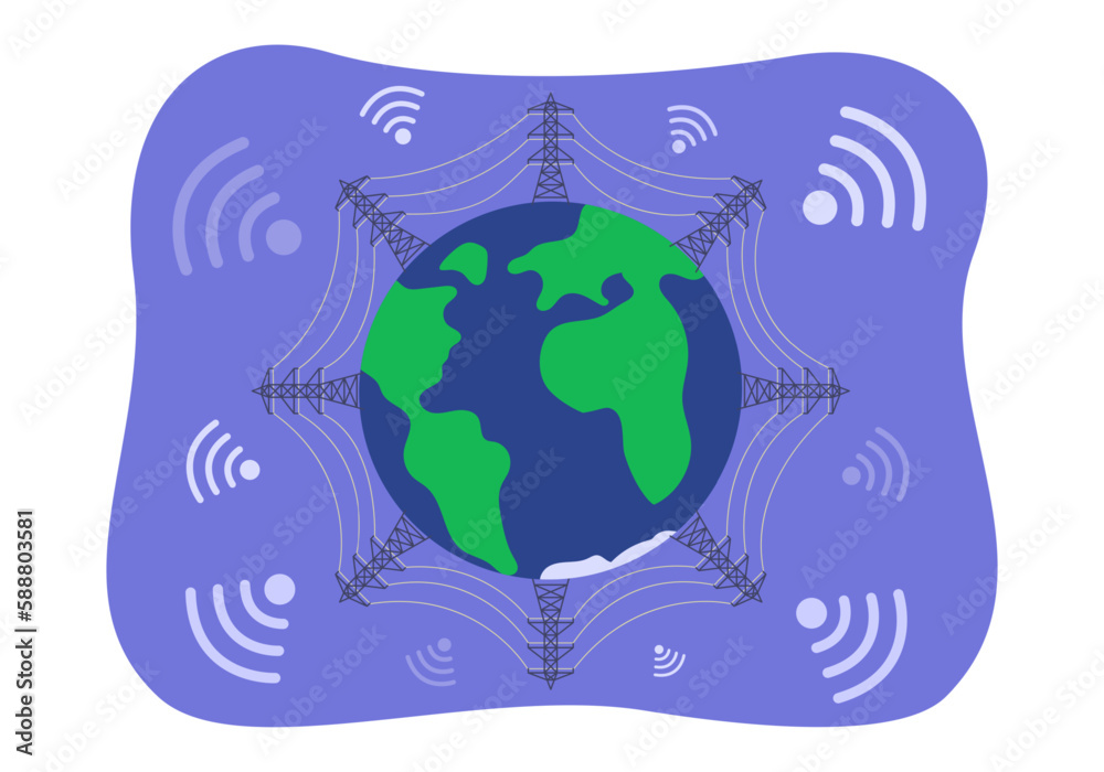 Planet Earth with network towers vector illustration. Worldwide ...