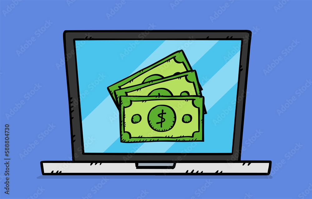 Graphic of a laptop with a money icons displayed on screen. Hand drawn ...