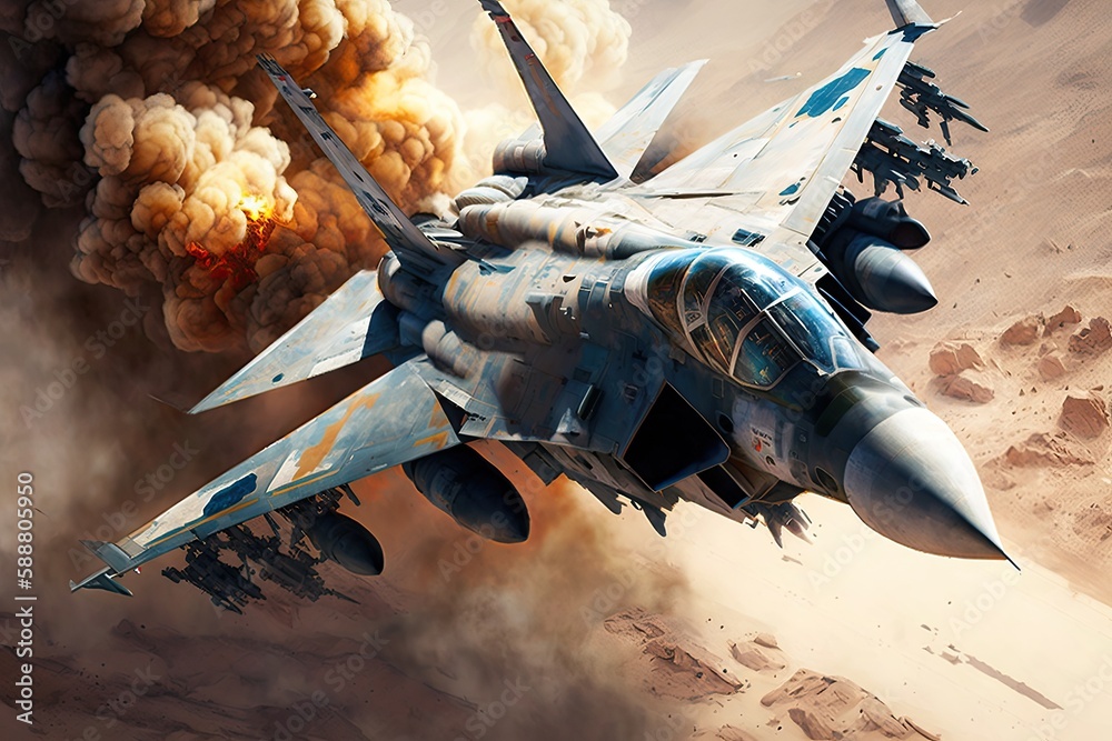 An aerial high view of a generic military fighter jet crosses over a ...