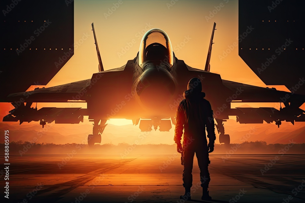 Sunset backlit view of military fighter jet pilot beside parked ...