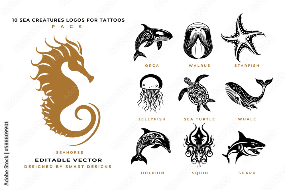 Sea Creatures Logos for Tattoos Pack x10 Stock Vector | Adobe Stock