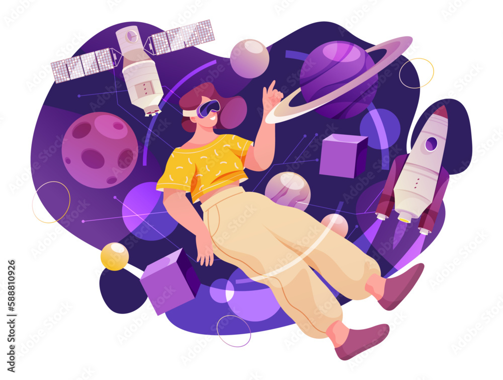 Metaverse interaction and virtual reality. User experience, woman in ...