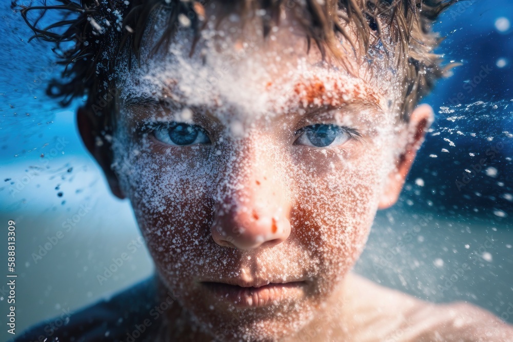 The visage of a boy taking a bath on the seashore ,Close up view, with ...