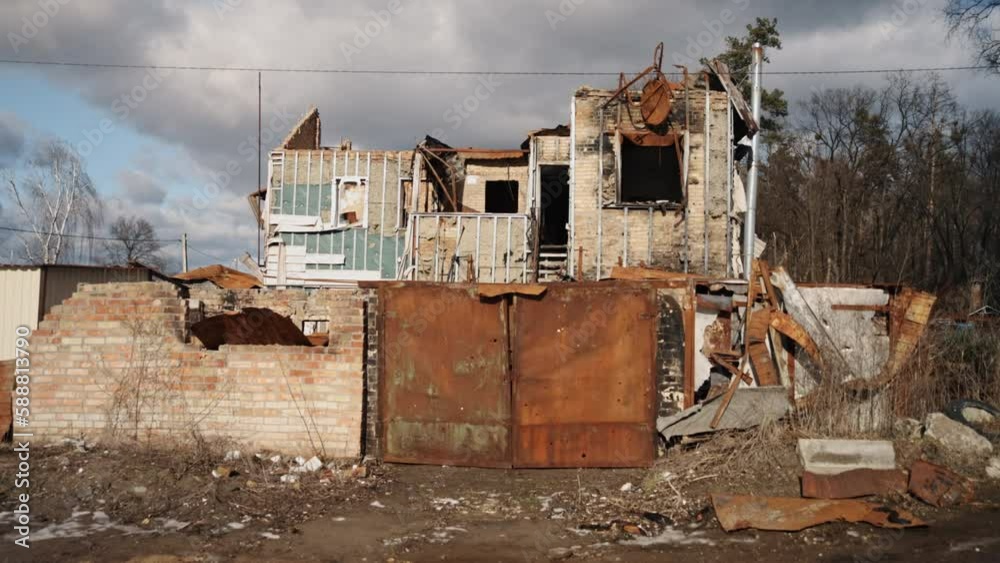 War in Ukraine, ruins of house, Aftermath bombing. Buildings destroyed ...