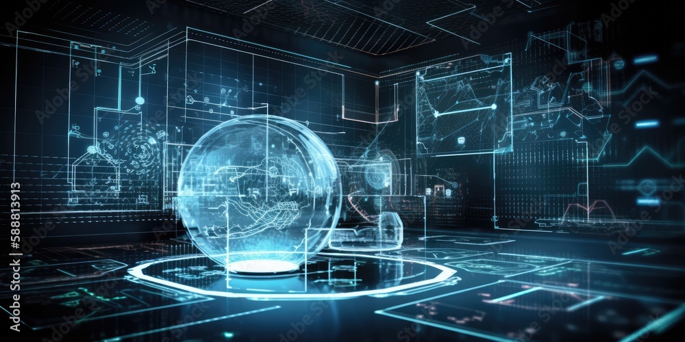 Futuristic science background, holographic data display, charts, graphs ...