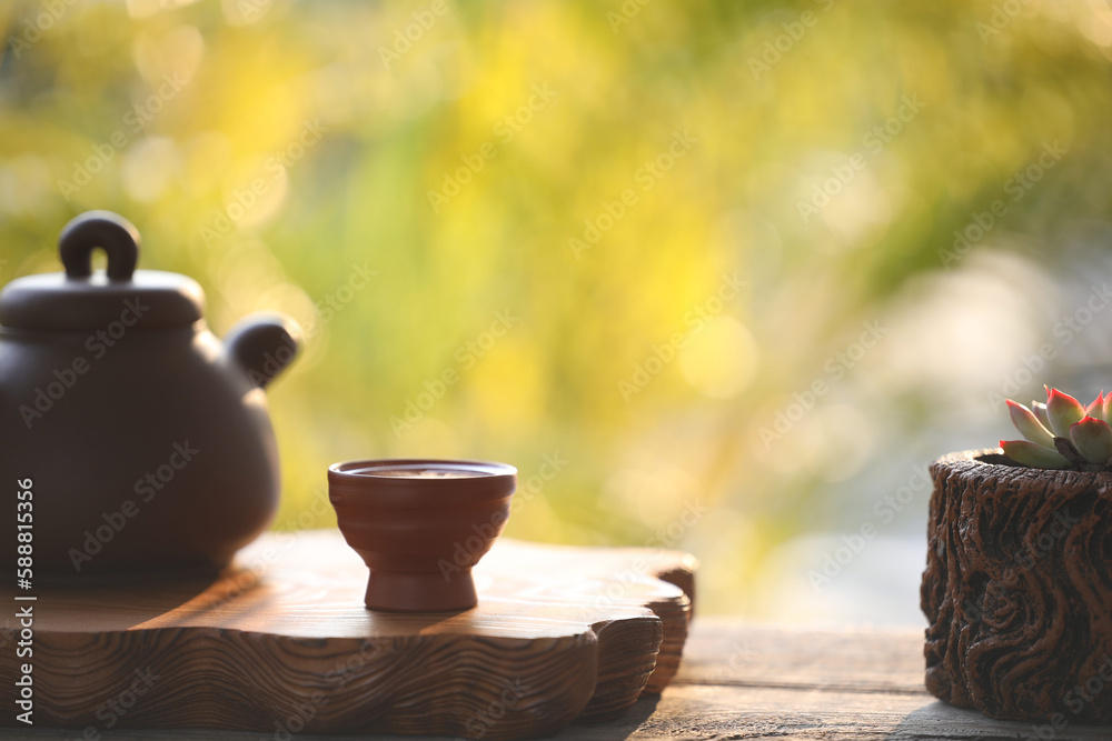 earthenware teapot and small tea cup and small plant pot on wooden tray ...