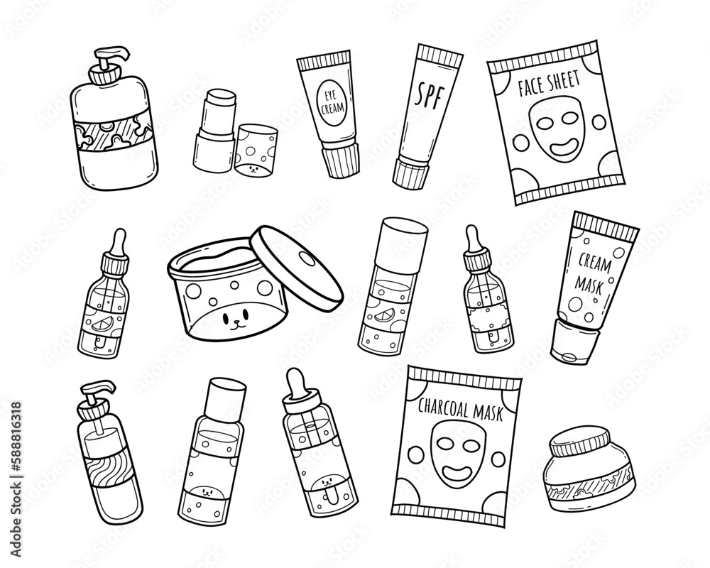 Skincare and cosmetics vector outline sketch collection Stock Vector ...