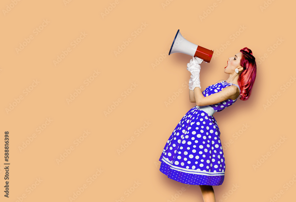 Red purple haired woman holding red megaphone, shout advertise ...