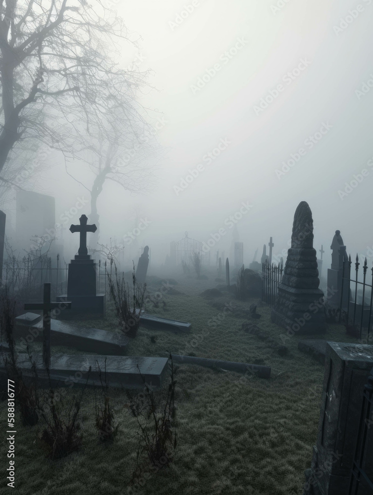 An eerily quiet aveyard surrounded by a thick wall of imtrable fog ...