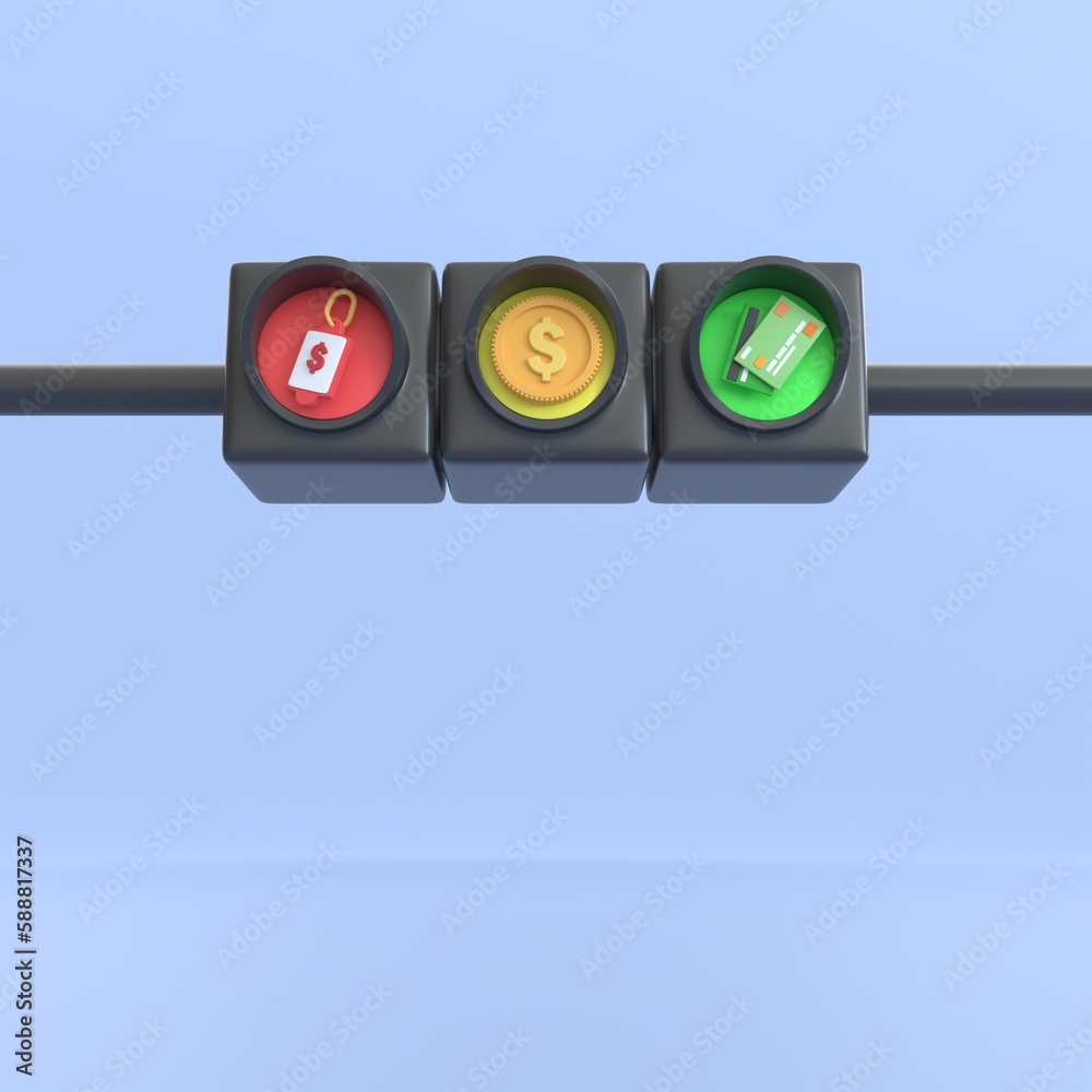 Traffic light 3d render. money icon with price tag, coin and credit ...