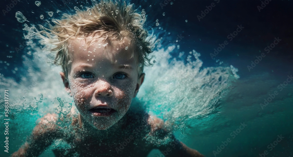 Young boy swimming in the sea, the boy looks attentively at the camera ...