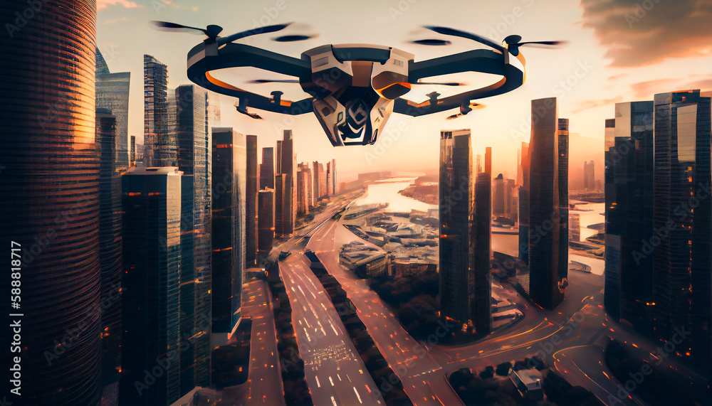 A drone is flying over a modern city, with tall buildings, roads, and a ...