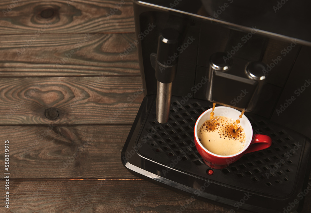 Coffee machine in modern kitchen interior. Fresh black aromatic coffee ...