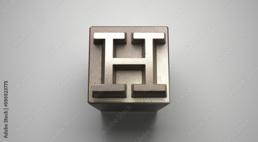 Letra metálica H de imprenta en alto relieve sobre fondo blanco. foto ...