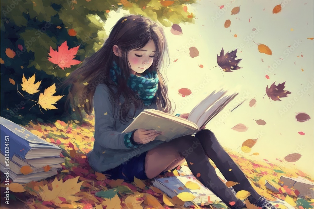 The approach of autumn depicted by a young girl lying on the grass ...