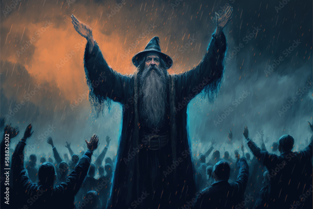 A black-clad wizard stands out from the crowd, raising their arms in ...