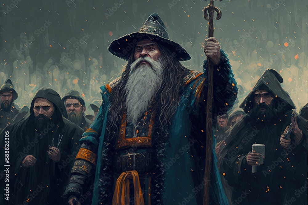 ภาพประกอบสต็อก A black-clad wizard stands out from the crowd, raising ...