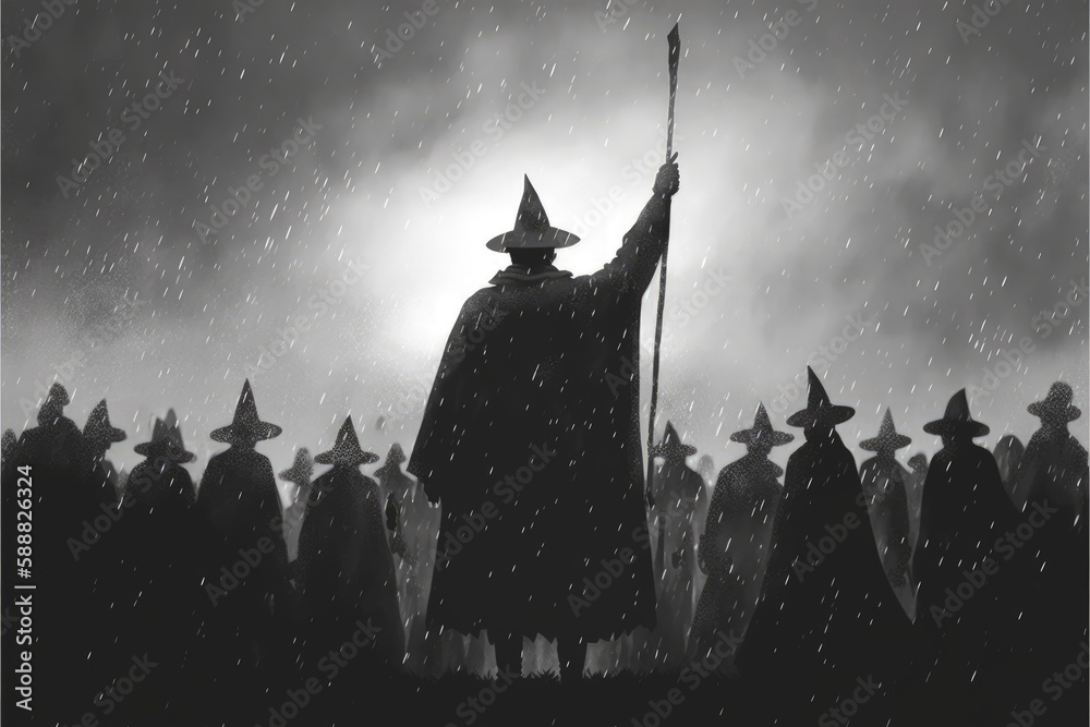A black-clad wizard stands out from the crowd, raising their arms in ...