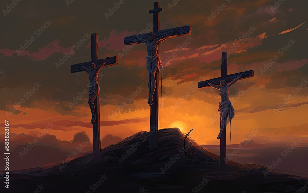 Three crosses on Calvary historical crucifixion oil painting of Jesus Christ created with ...
