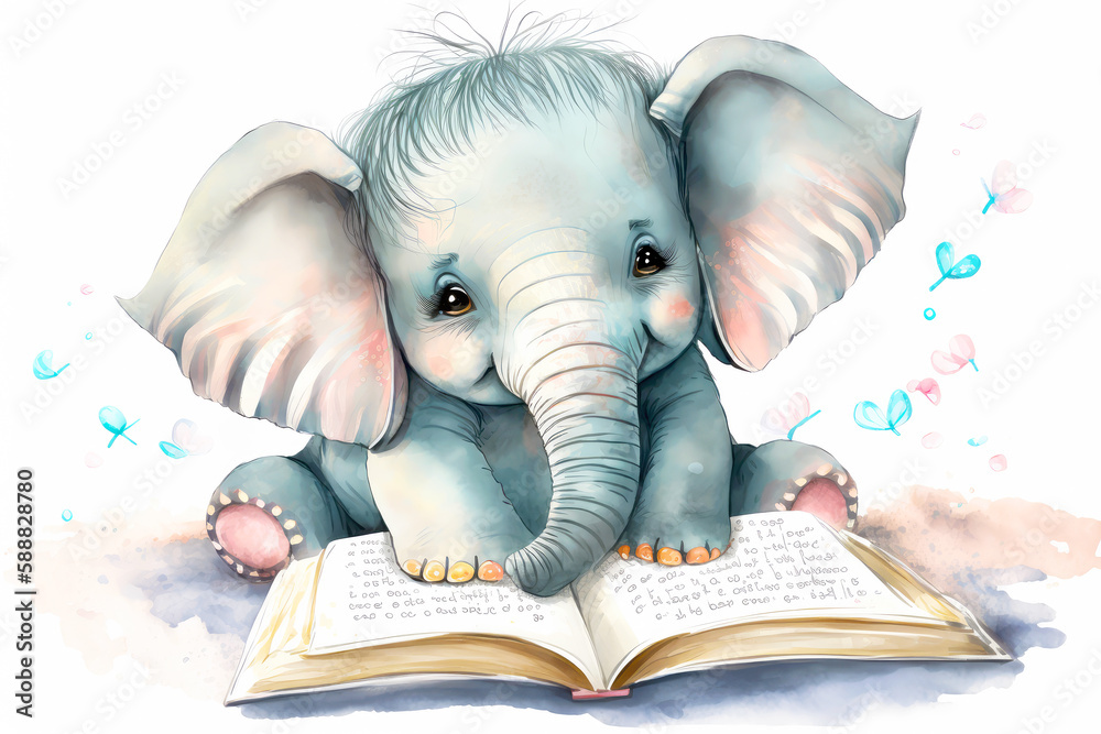 Baby elephant reading a book. Cute watercolor illustration for nursery ...