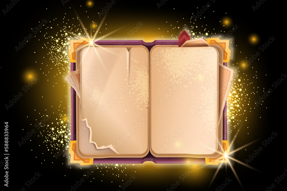 Magic book, vector fantasy game UI parchment background, shiny wizard ...